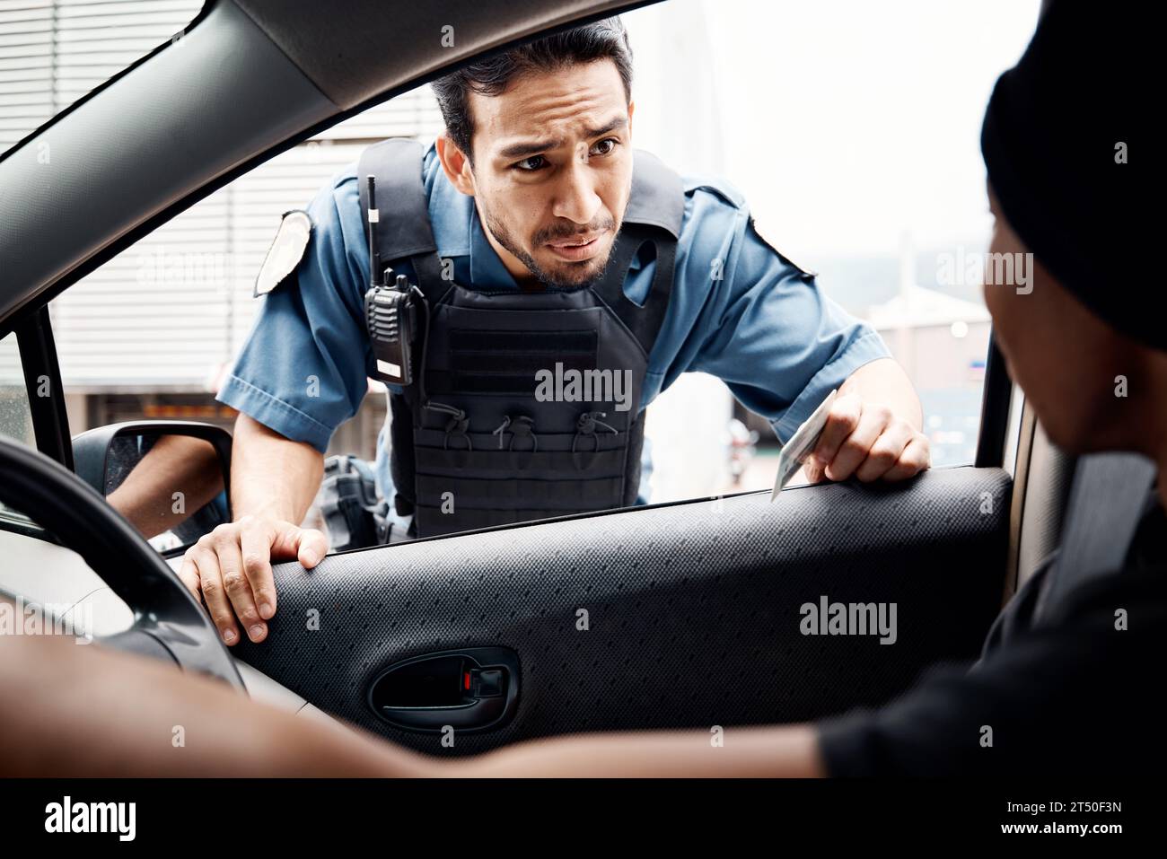 Talking, drivers license or policeman in city to check info for law ...