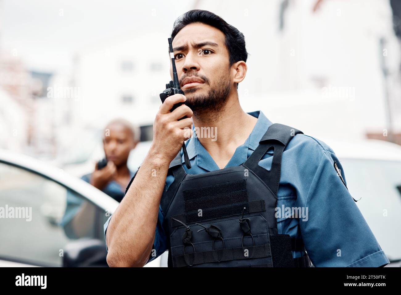 Asian man, police and walkie talkie for backup in city communication ...