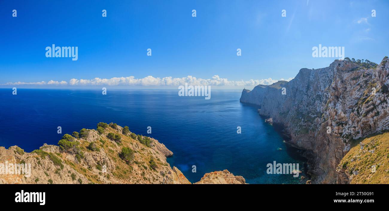 Panoramic view of a cliff at Cape Formentor photographed at midday in ...