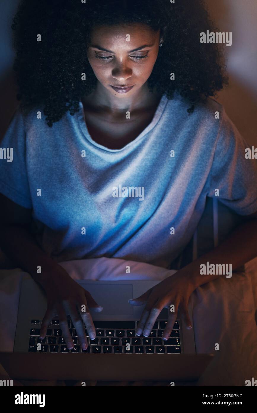 Bed, night and woman with a laptop, insomnia and connection with typing ...