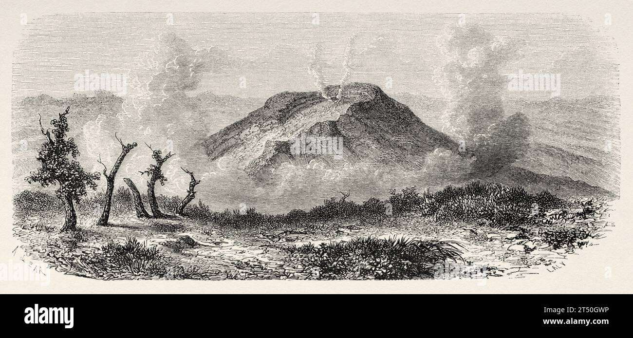 Volcano in Java island, Indonesia. Southeast Asia. Old 19th century ...