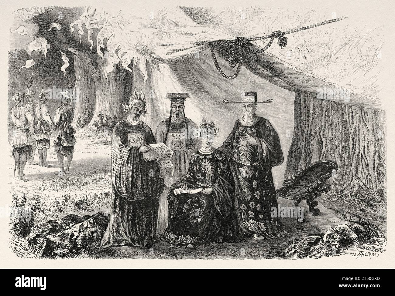 Cochinchina emperor and his ministers in traditional costumes. Vietnam ...