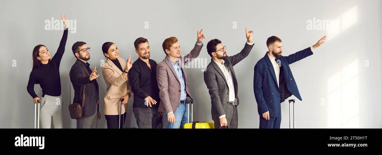 Banner with people standing at the airport, waving hands, saying ...