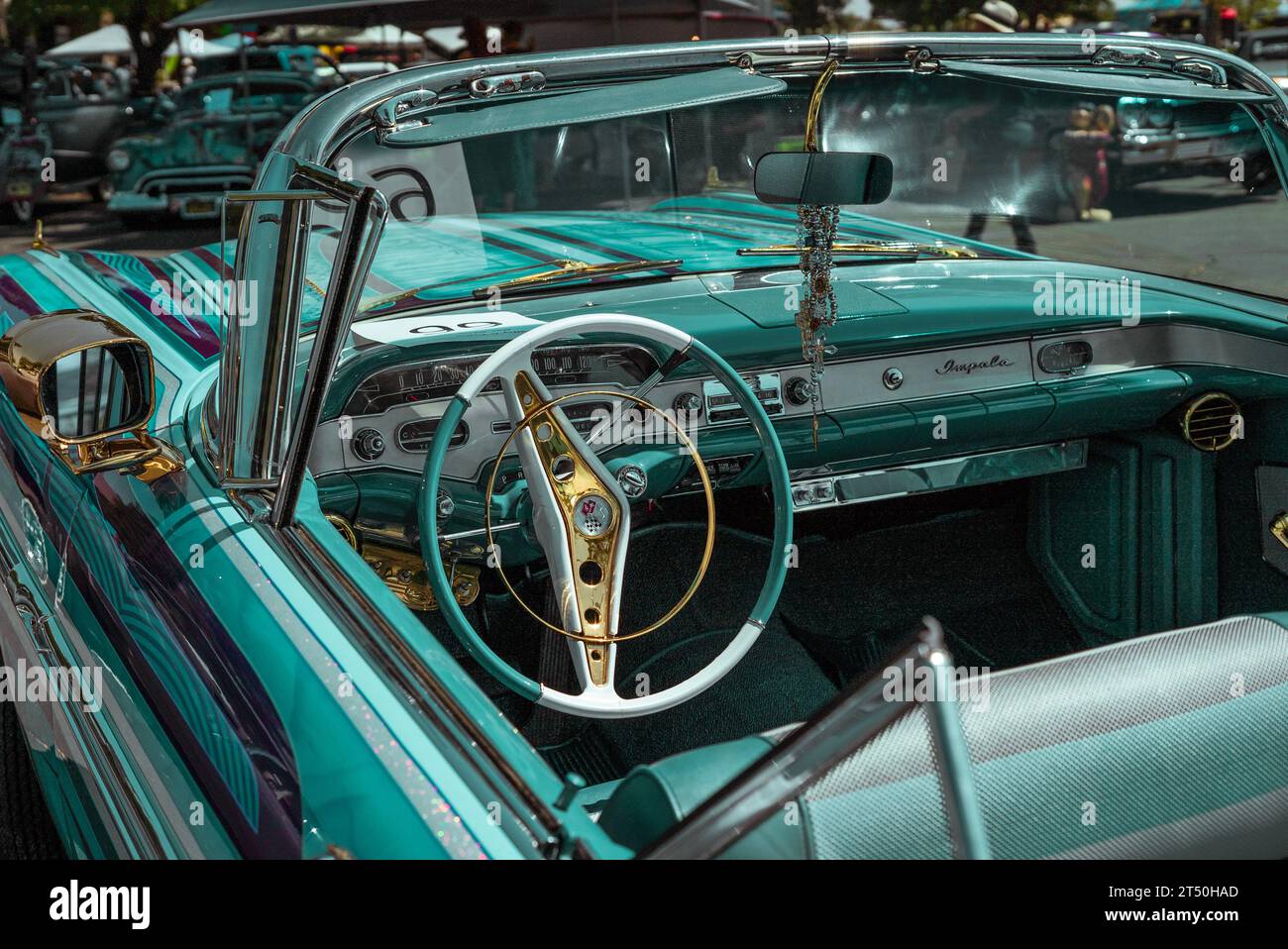 Classic Car Dashboard Teal Blue Gold Stock Photo - Alamy