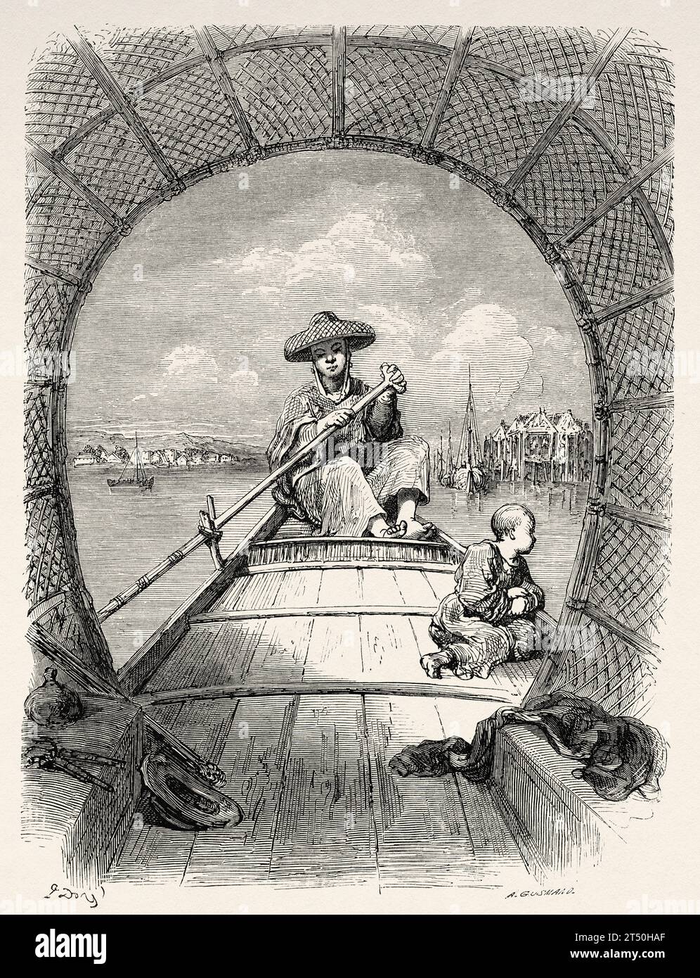 Chinese oarsman on his traditional chinese boat, China, Asia. Travels ...