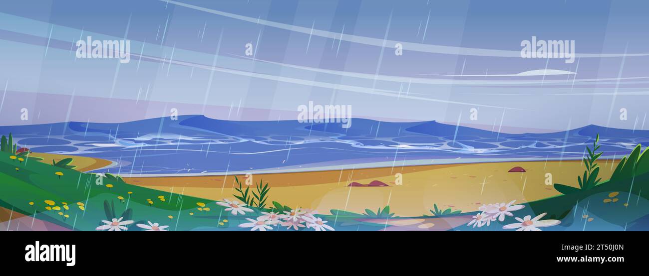 Rainy weather on summer beach. Vector cartoon illustration of wet sandy ...