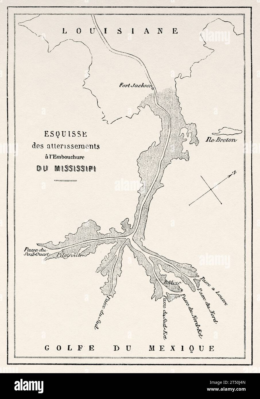 Old map of alluvial deposits at Missisipi estuary, USA. Fragment of a ...