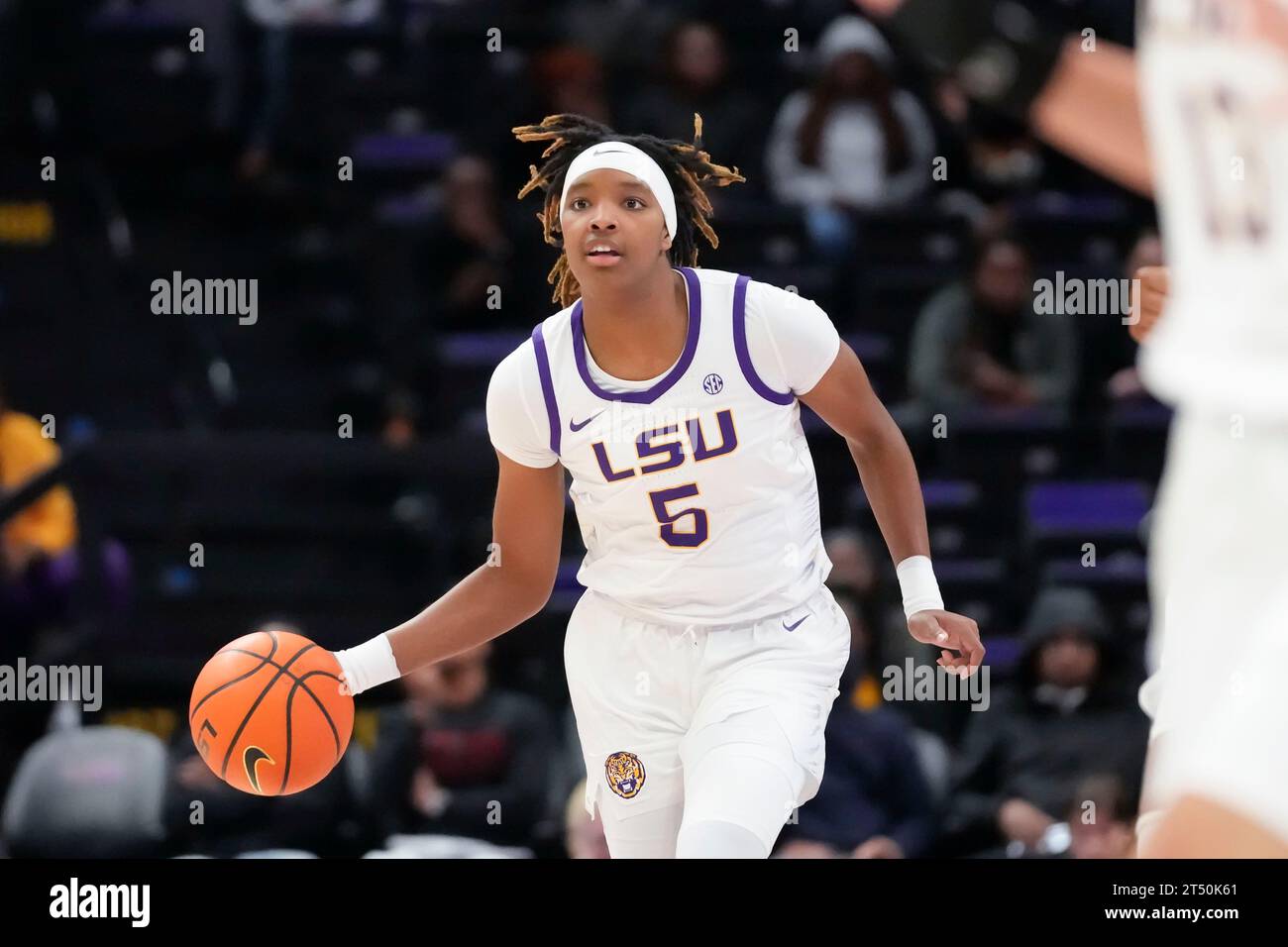 LSU forward Sa'Myah Smith (5) moves the ball down court against Loyola ...