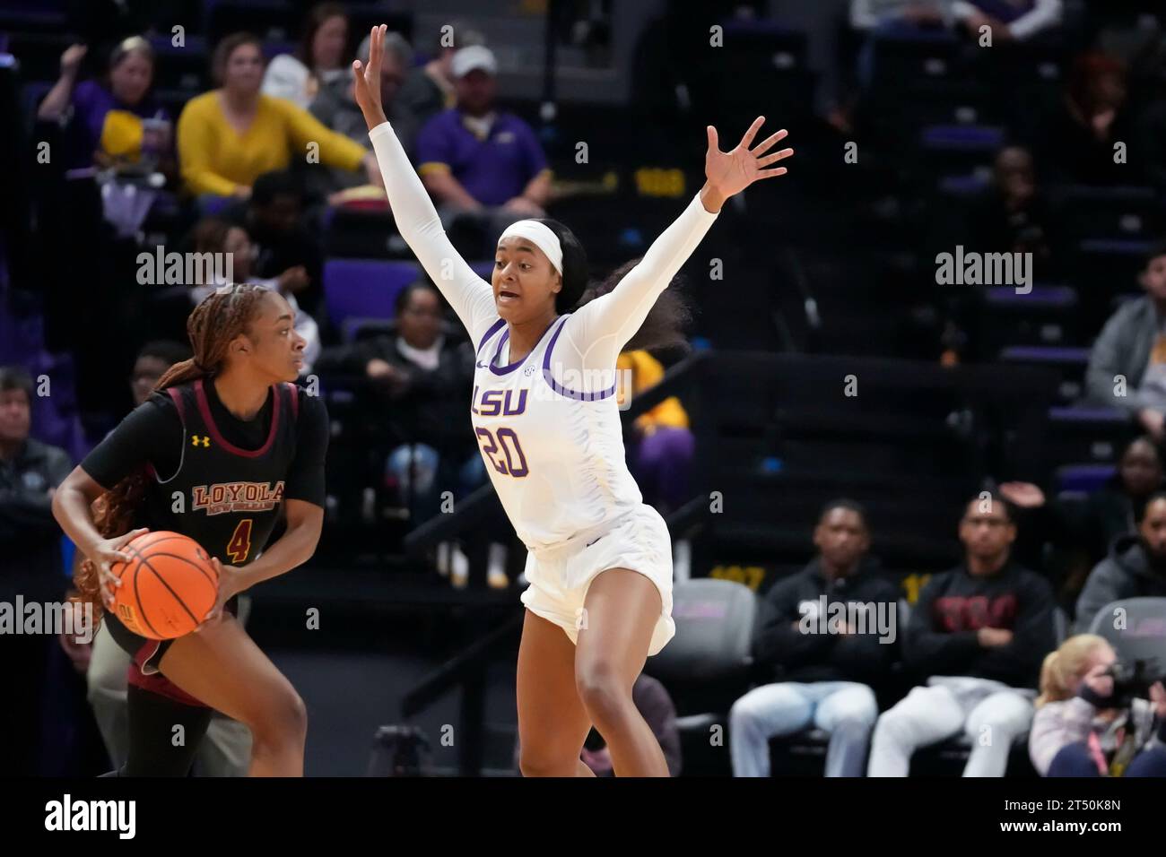 LSU guard Janae Kent (20) defends against Loyola New Orleans guard Jada ...