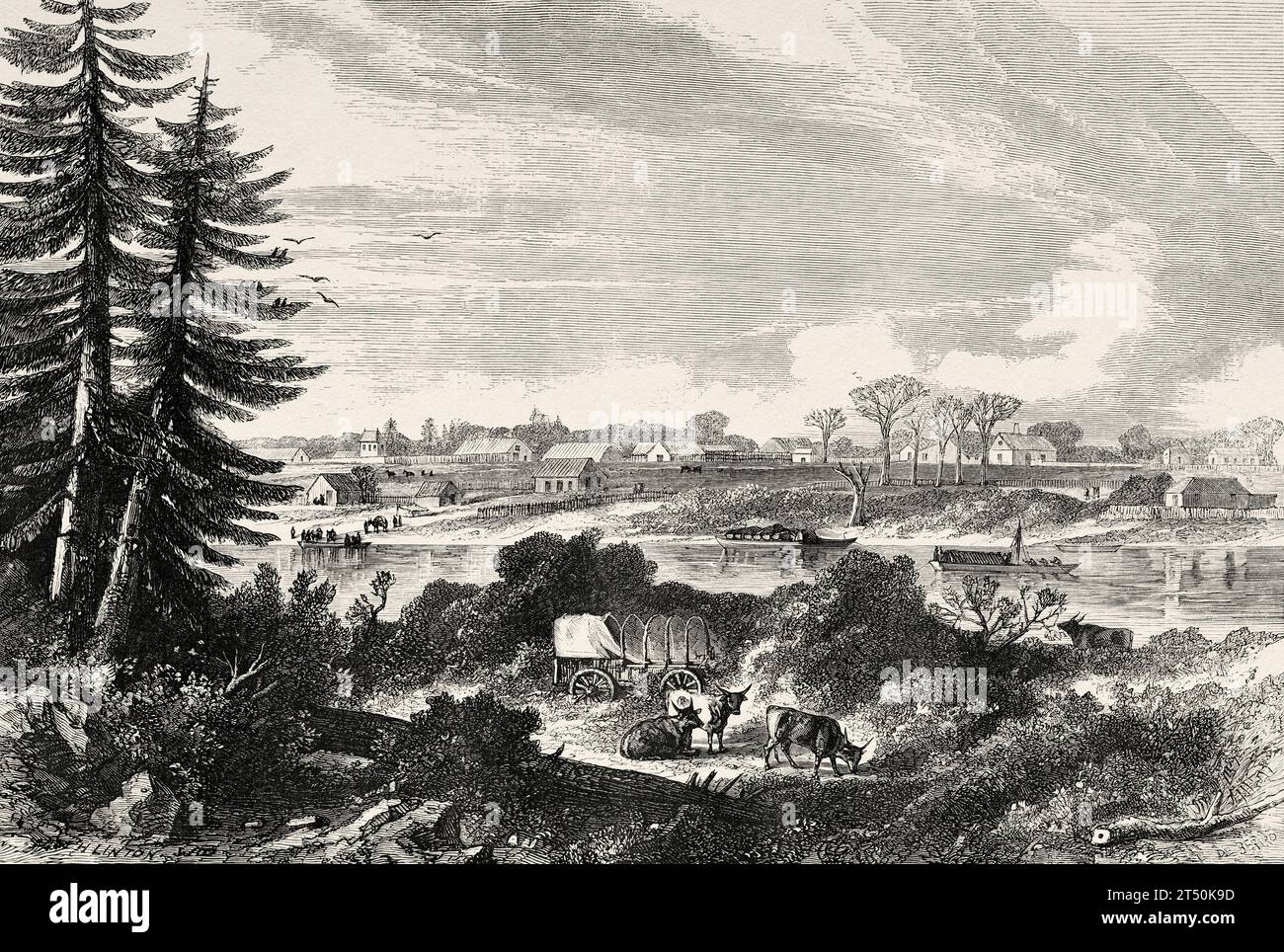 Old view of Victoria city, Vancouver Island, Canada. Exploration of the Rocky Mountains in 1857 ...