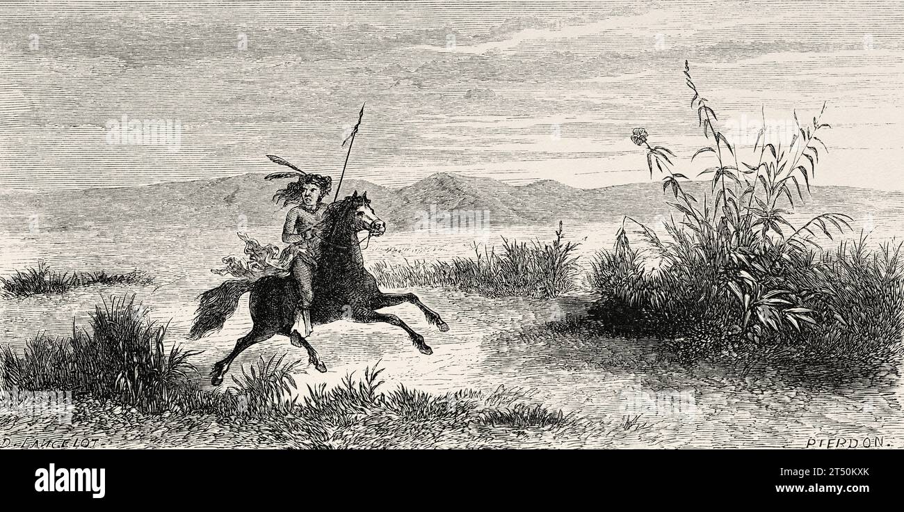 Mohave Indian on horseback. USA. Voyage of Heinrich Balduin Mollhausen ...