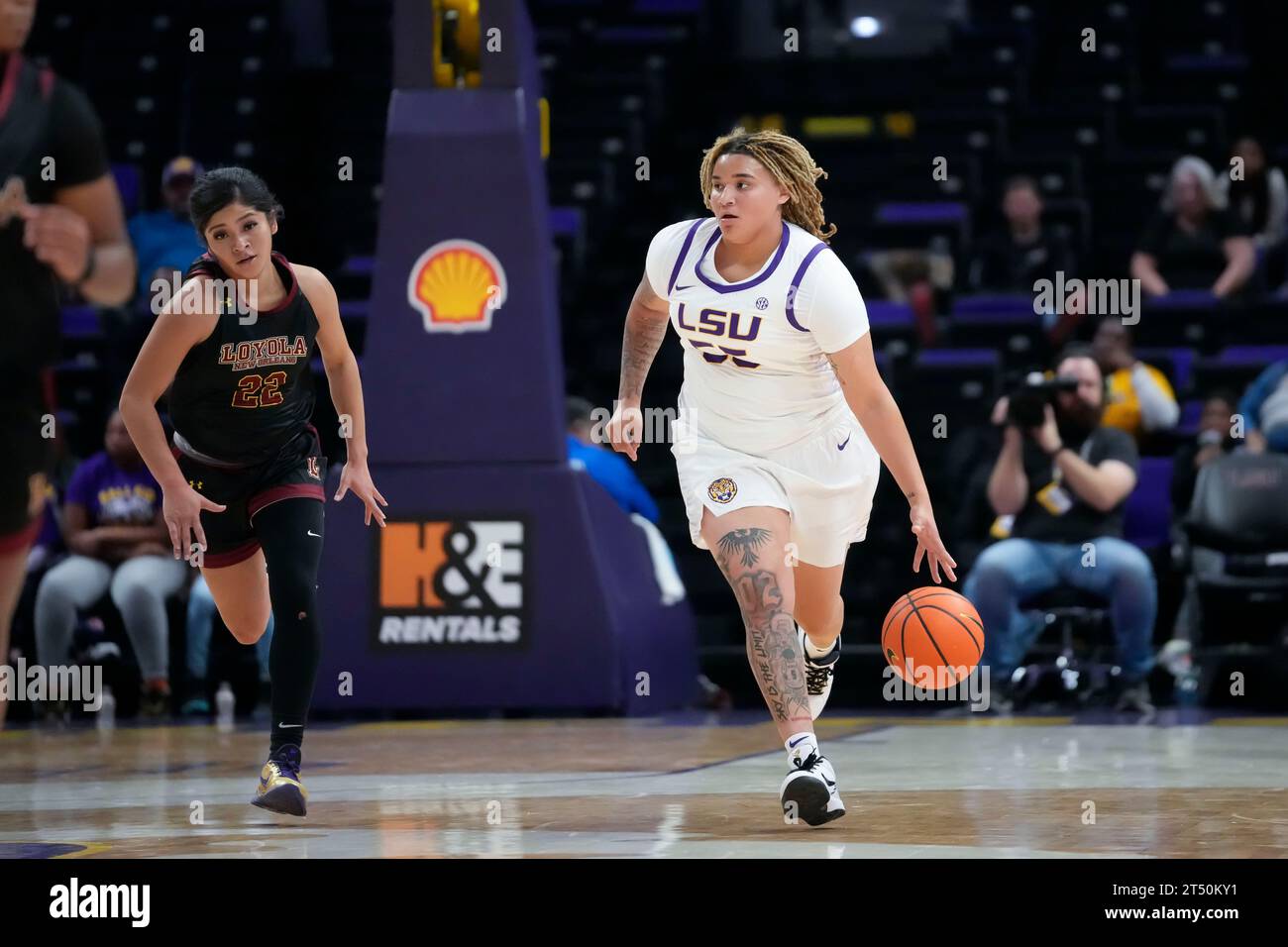 LSU guard Kateri Poole (55) moves the ball down court against Loyola ...
