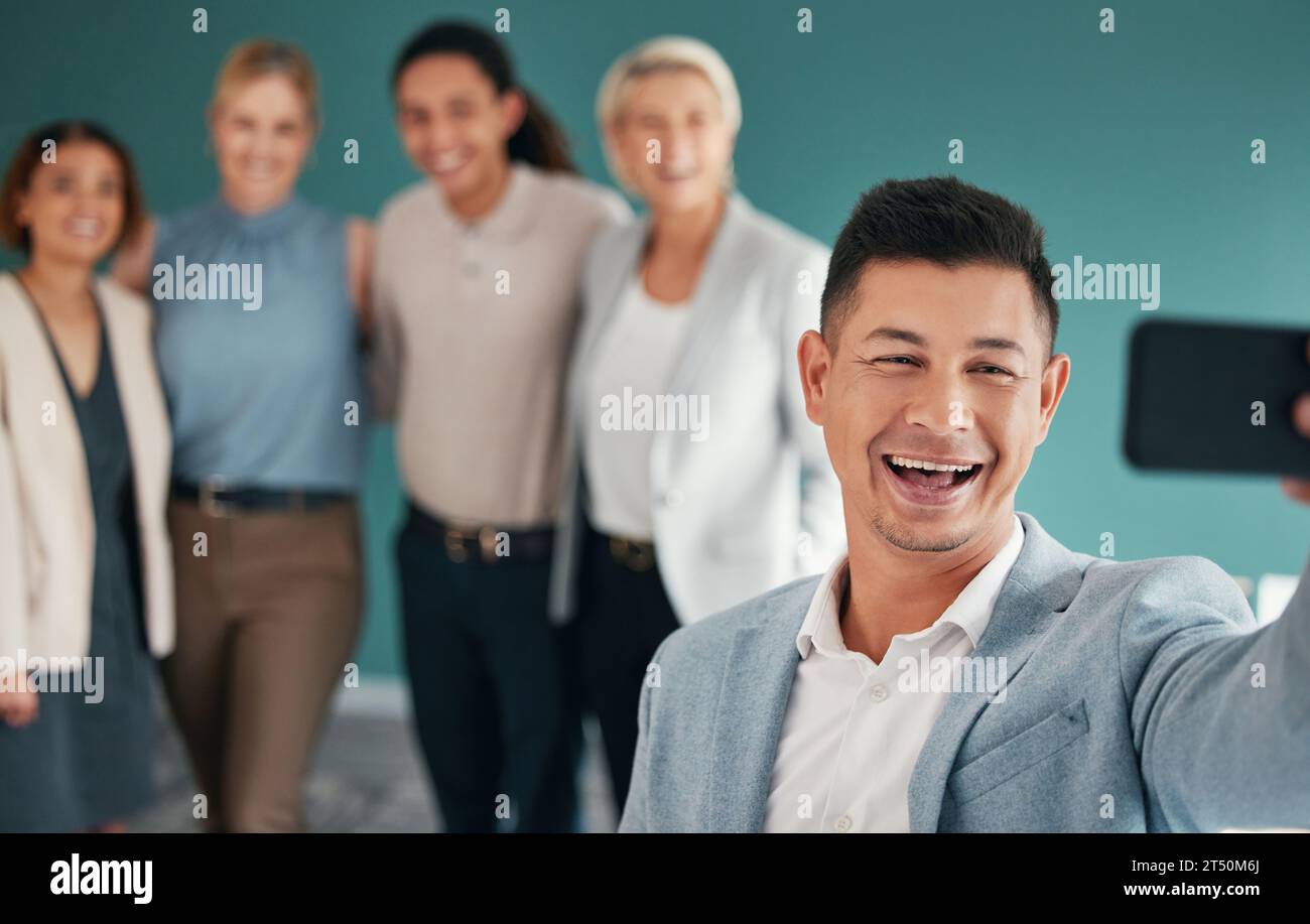 Business people, smile and selfie for profile picture, vlog or team building at office. Group of ...
