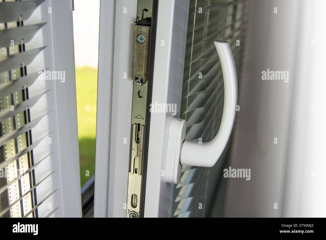 Open plastic window handle. Half open window ventilation Stock Photo ...