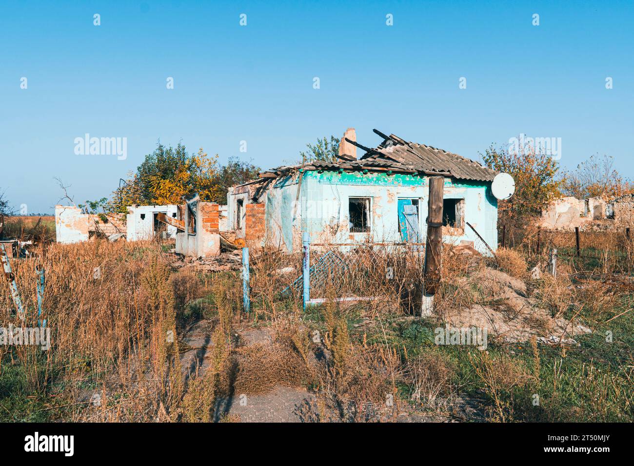 Countryside. House destroyed by shelling. War in Ukraine. Russian ...