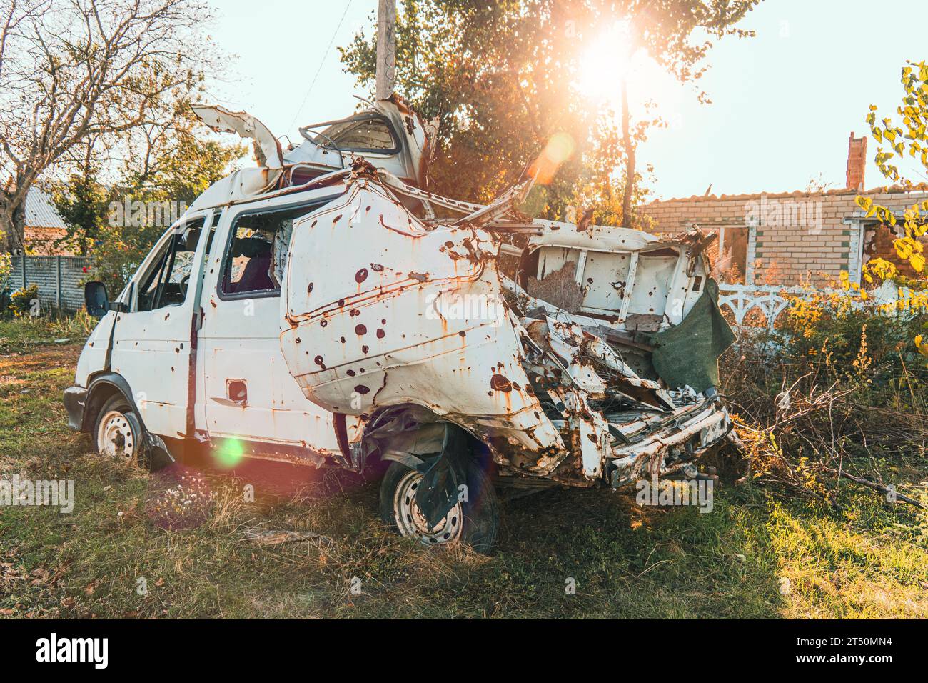 Countryside. Bus damaged by shelling. War in Ukraine. Russian invasion ... Countryside. Bus damaged by shelling. War in Ukraine. Russian invasion ...