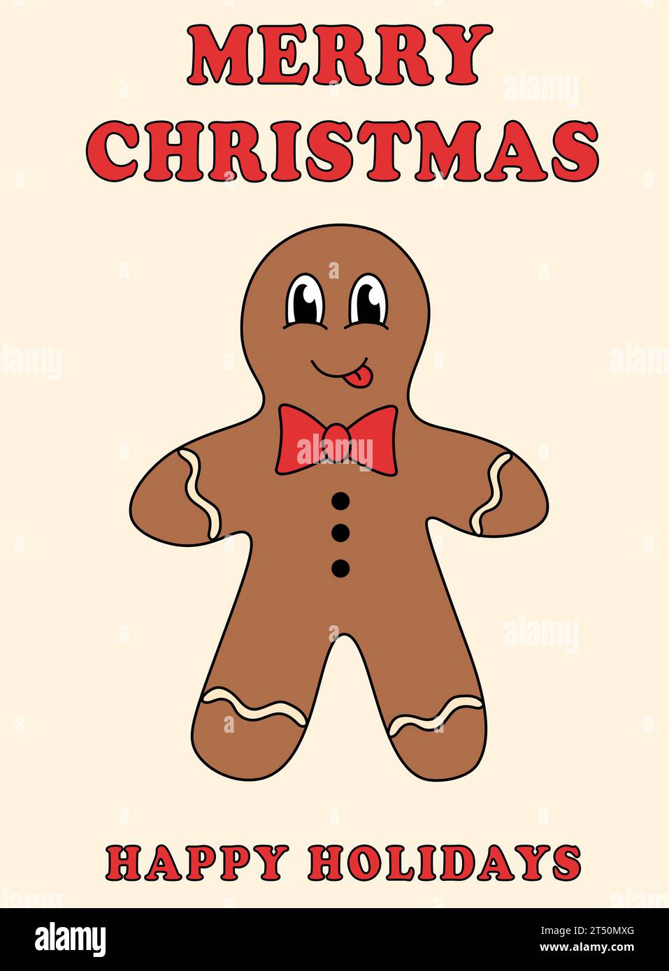 Merry Christmas Groovy Card. Gingerbread Man in retro cartoon style ...