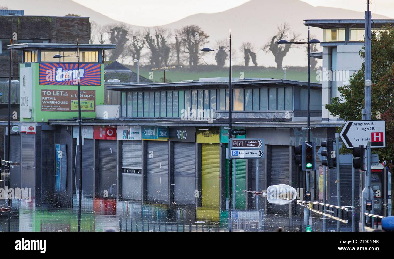 Flood water covers Market Street in Downpatrick, Northern Ireland. Some ...