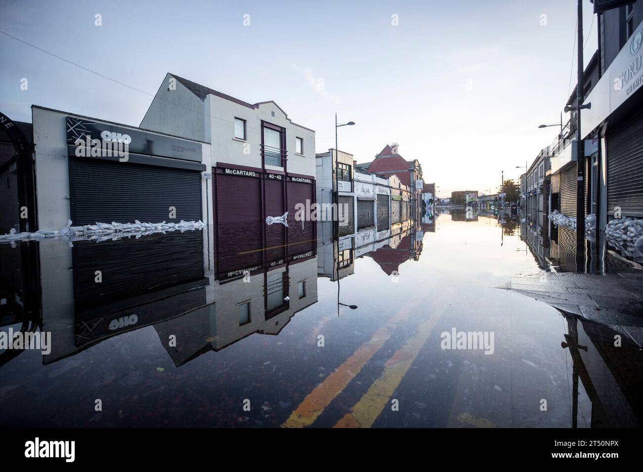 Flood water covers Market Street in Downpatrick, Northern Ireland. Some ...