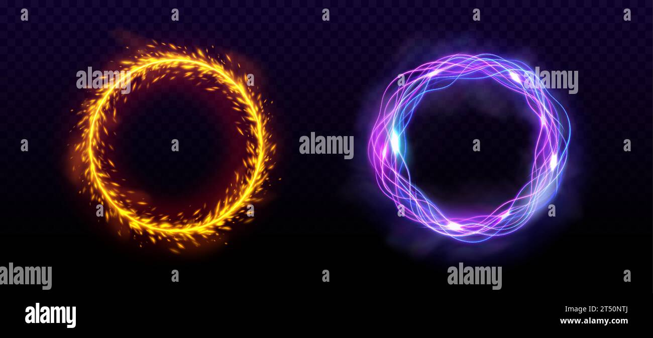Fire light and electric effect magic round portal. Neon energy ring ...