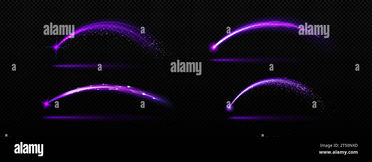 Shooting star with purple glowing arc burst track. Realistic vector ...
