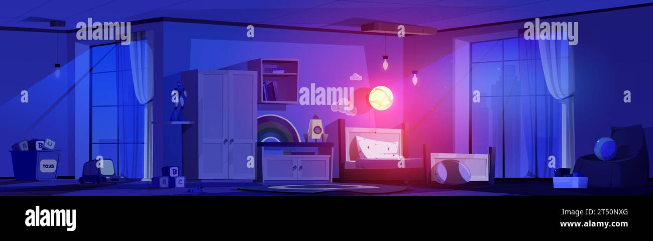 Child room interior at night. Cartoon vector illustration of dark kid ...