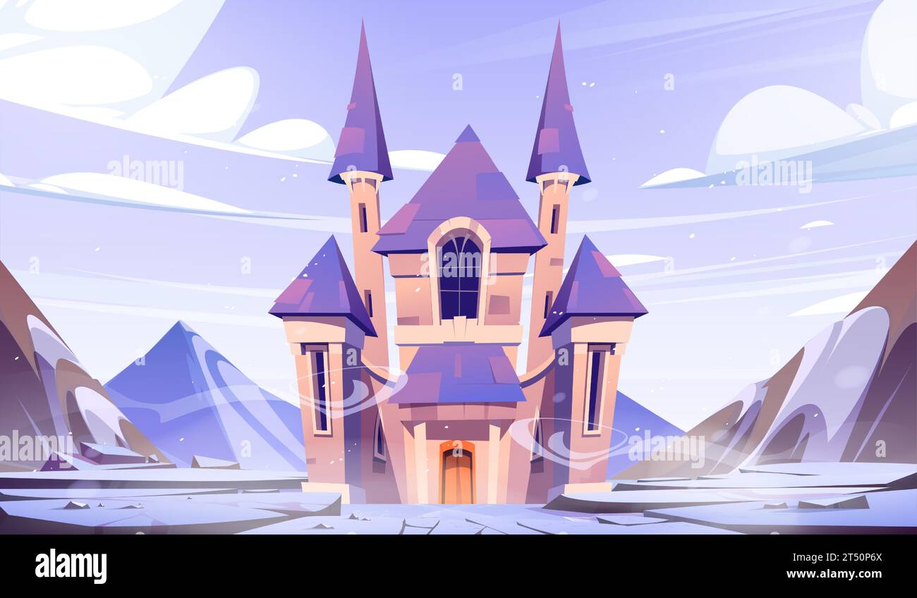 Medieval castle on winter mountain landscape. Vector cartoon ...