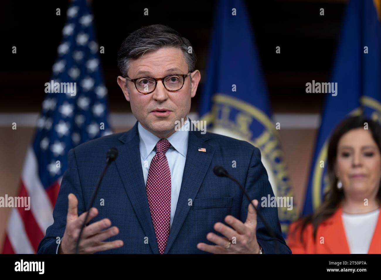 Speaker of the House Mike Johnson, R-La., joined at right by Republican ...