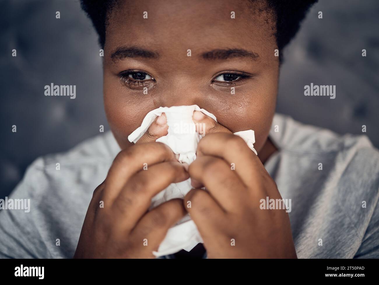 Crying, sad and black woman with depression, tissue and crisis in home ...