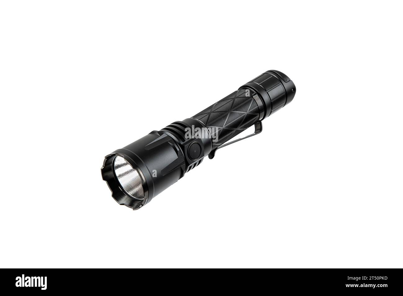 Modern metal LED flashlight in black color. Portable flashlight isolate ...