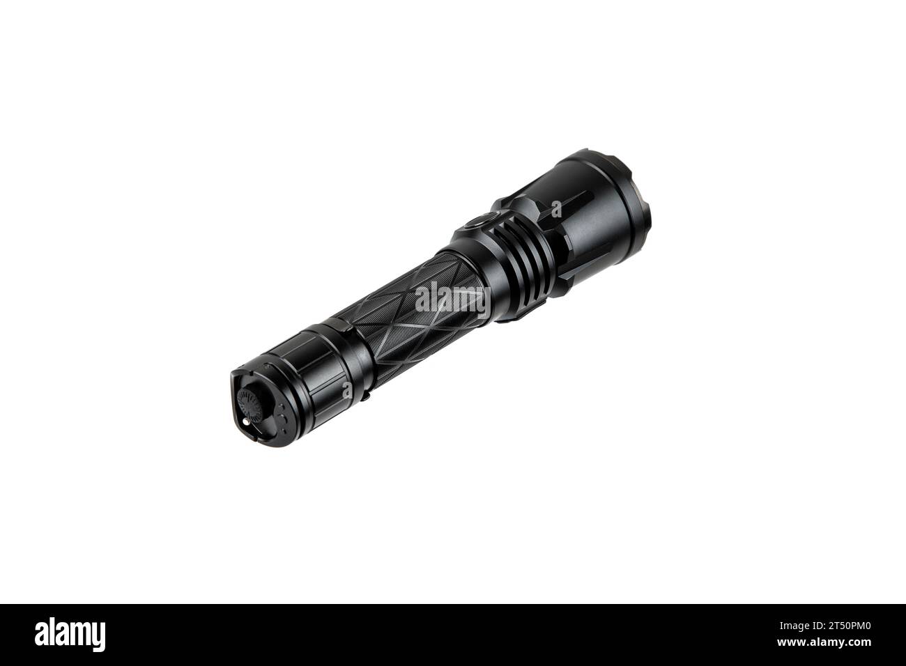 Modern metal LED flashlight in black color. Portable flashlight isolate ...