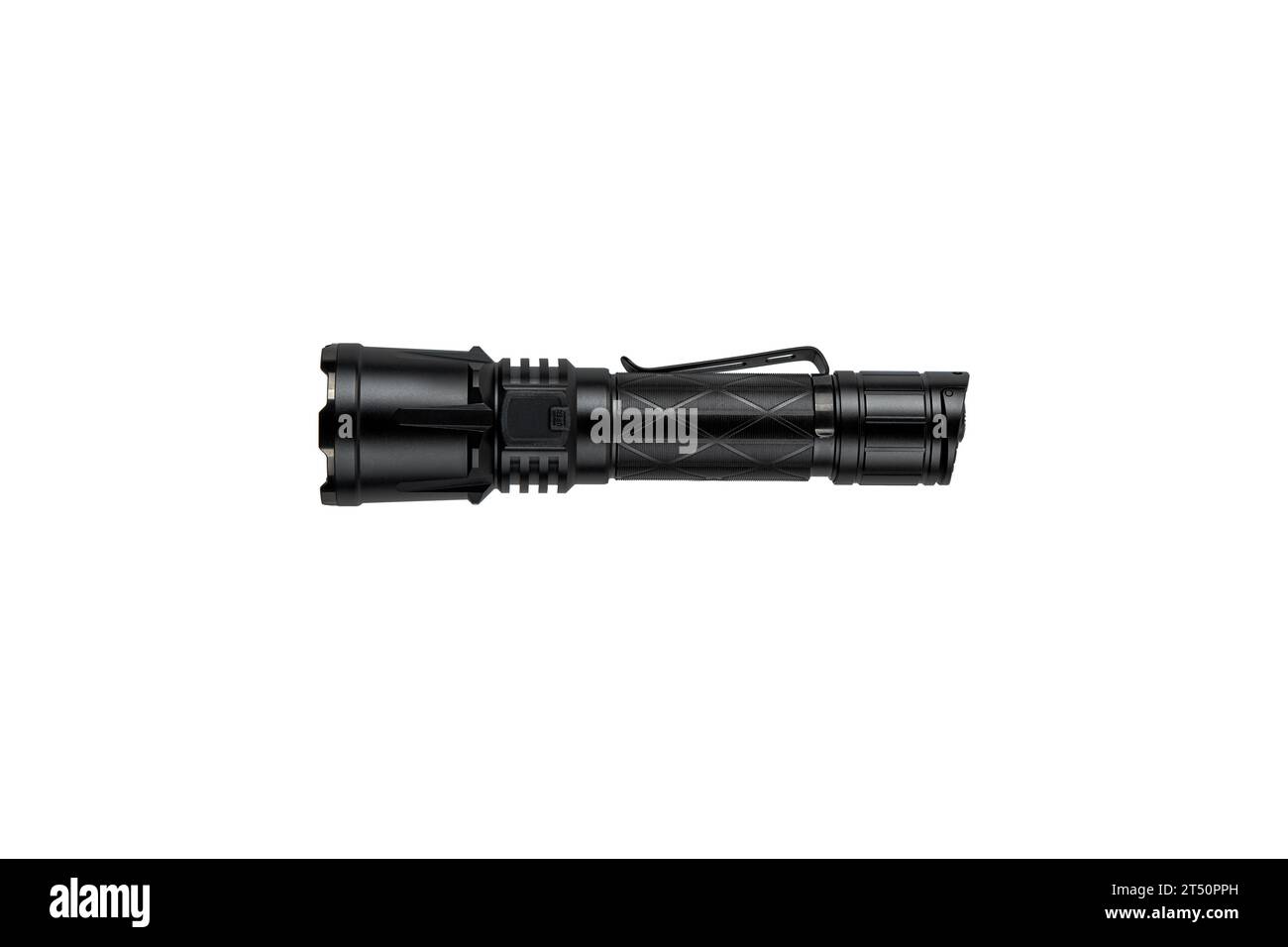 Modern metal LED flashlight in black color. Portable flashlight isolate ...