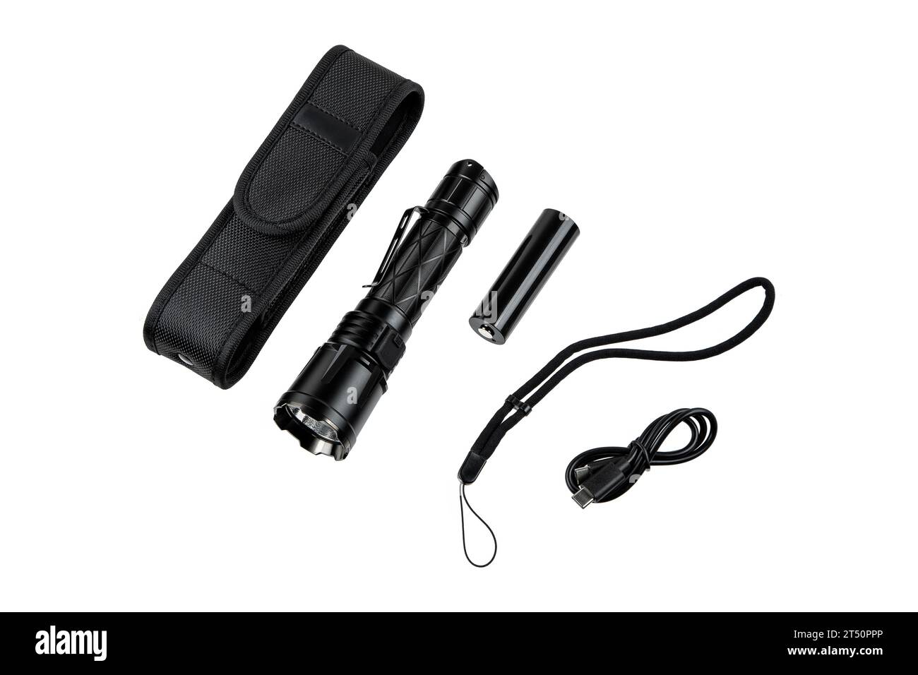 Modern metal LED flashlight in black color. Portable flashlight isolate ...
