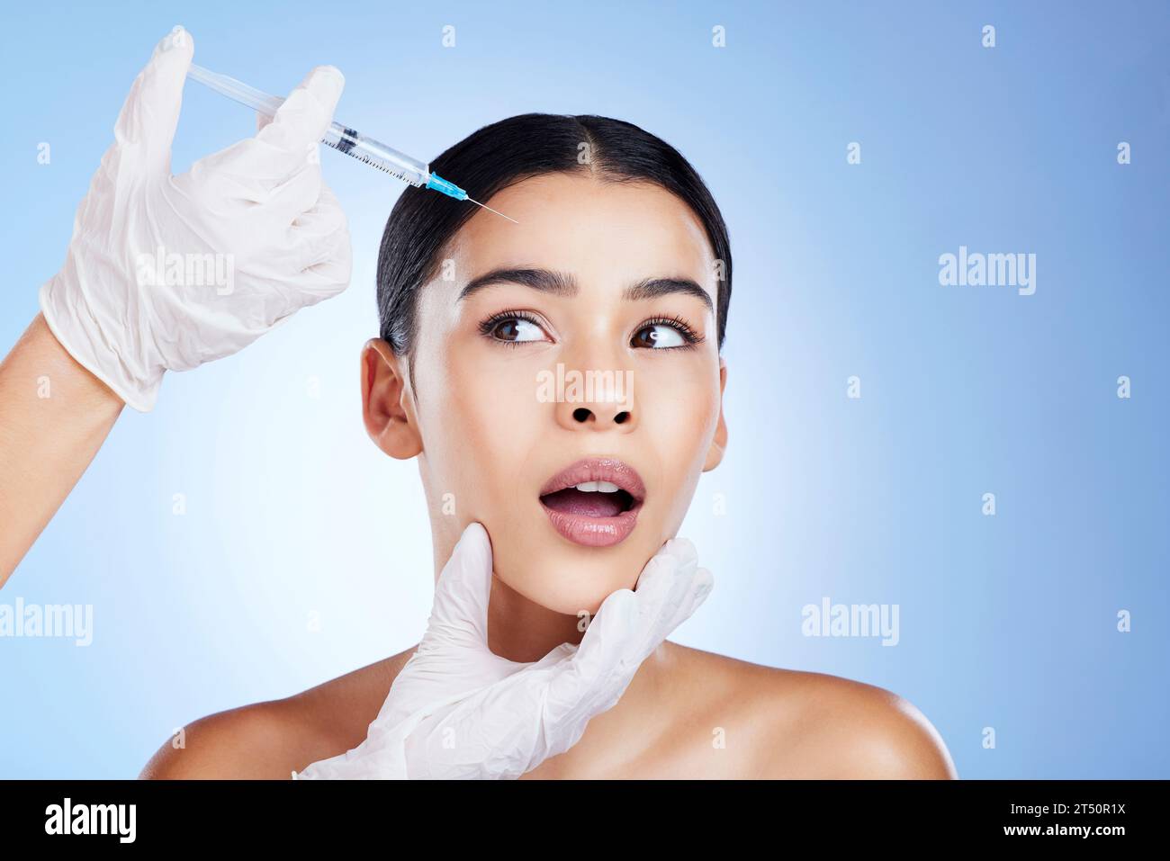 Plastic surgery, surgeon hands and scared face for beauty, filler and ...