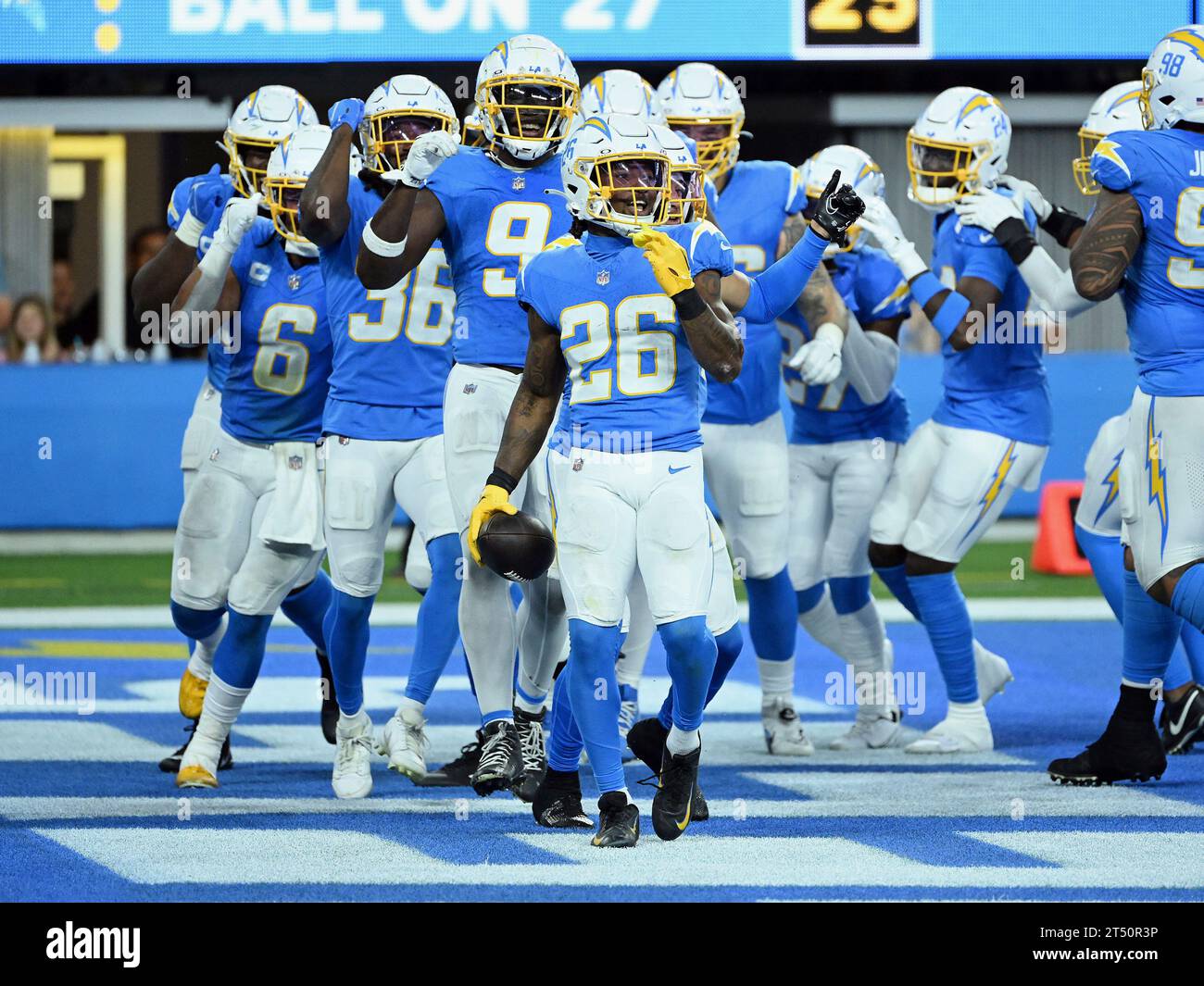Los Angeles Chargers cornerback Asante Samuel Jr. (26) leads a conga ...