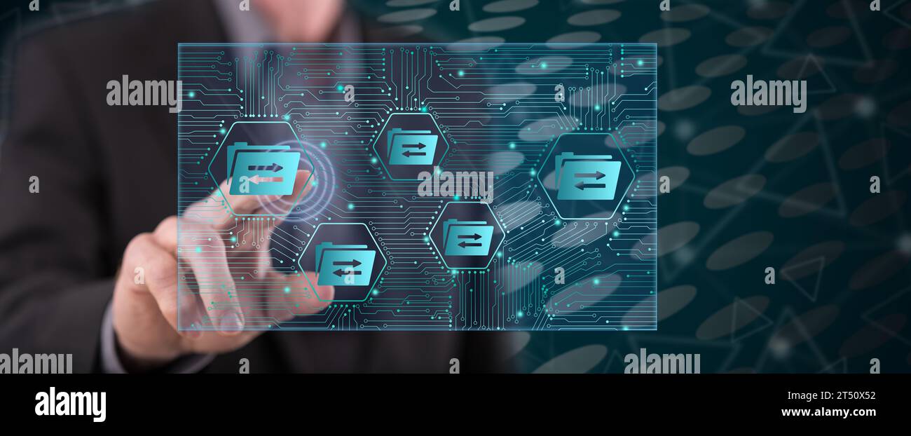 Man touching a data exchange concept on a touch screen with his finger ...