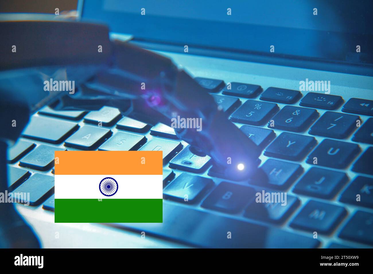 Robotic hand typing on a keyboard with the Indian flag. Concept of ...