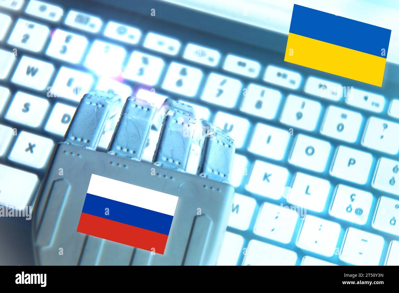 Robotic hand typing on a keyboard with the Russian and Ukraine Flags ...