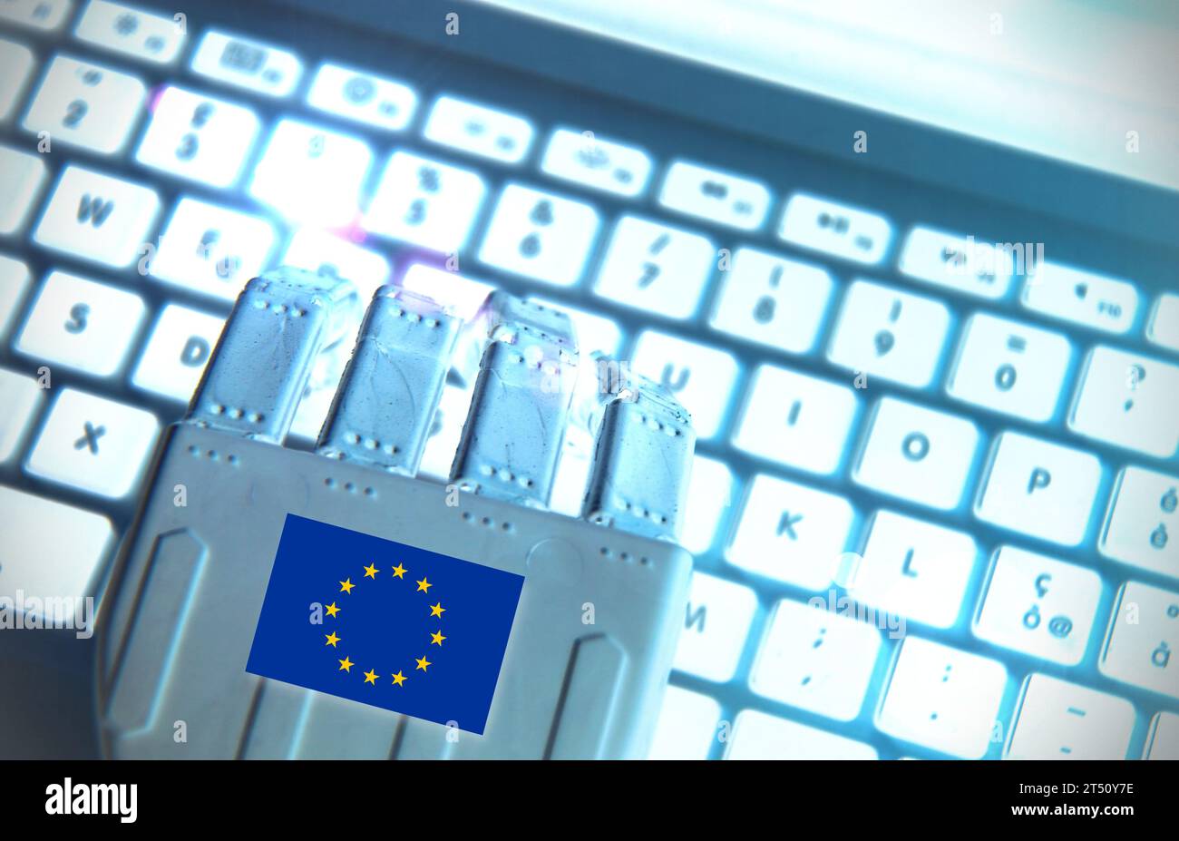 Robotic hand typing on a keyboard with the Europe Flag. Concept of ...