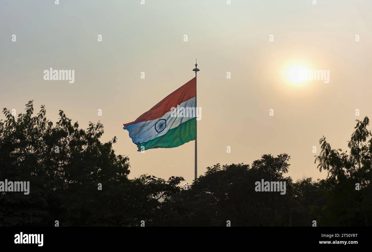 Indian flag above the Connaught Place in New Delhi Stock Photo - Alamy