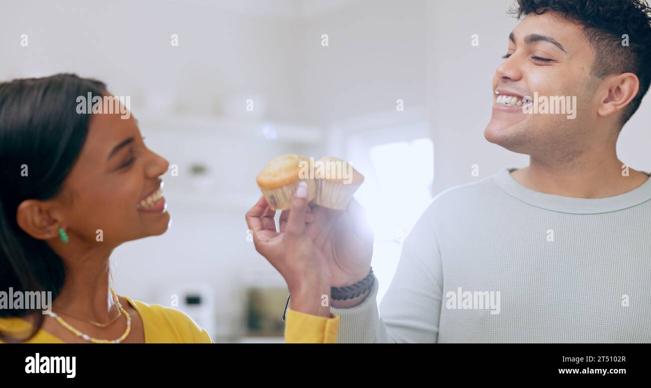 Smile, couple and cheers with muffin in home, eating breakfast together ...