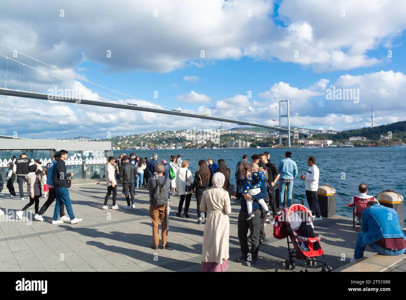 Istanbul, Turkey, A landscape with tourists and Bosphorus Bridge on ...