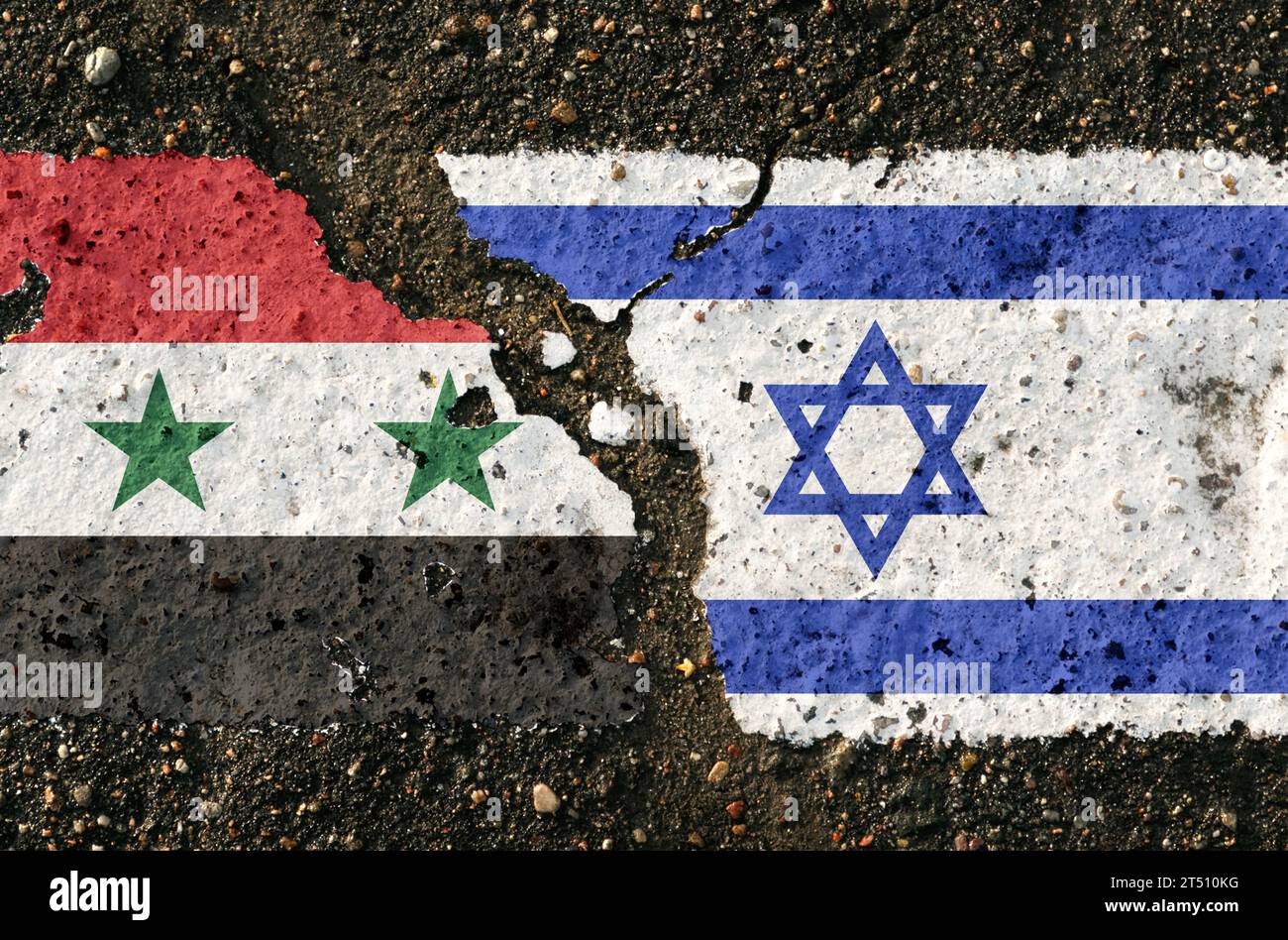 On the pavement are images of the flags of Israel and Syria, as a ...