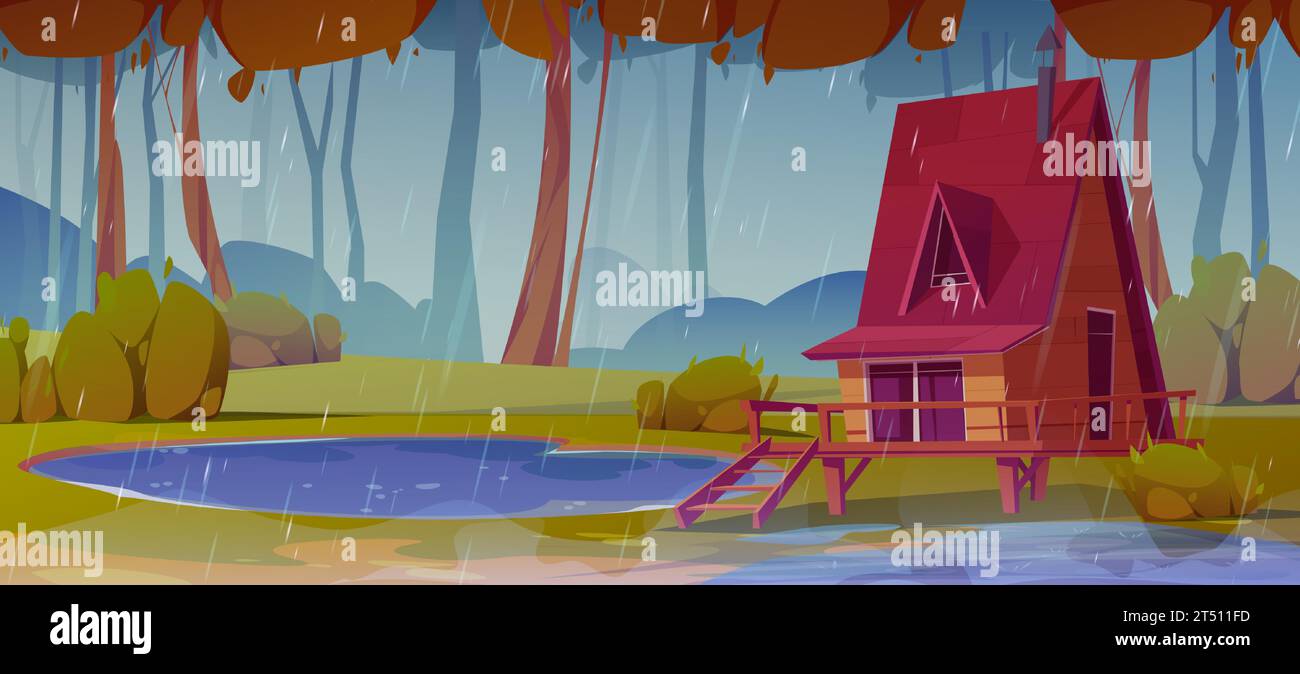 Wooden stilt house in rainy autumn forest. Vector cartoon illustration ...