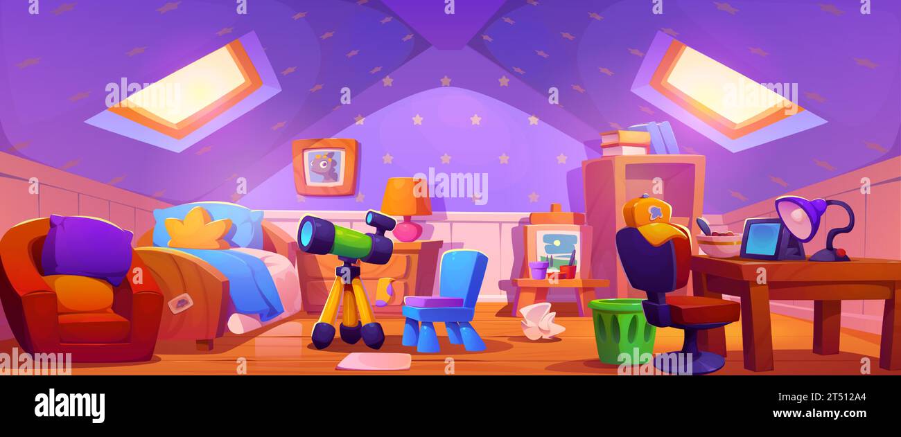 Kids bedroom in house attic. Vector cartoon illustration of tidy room ...