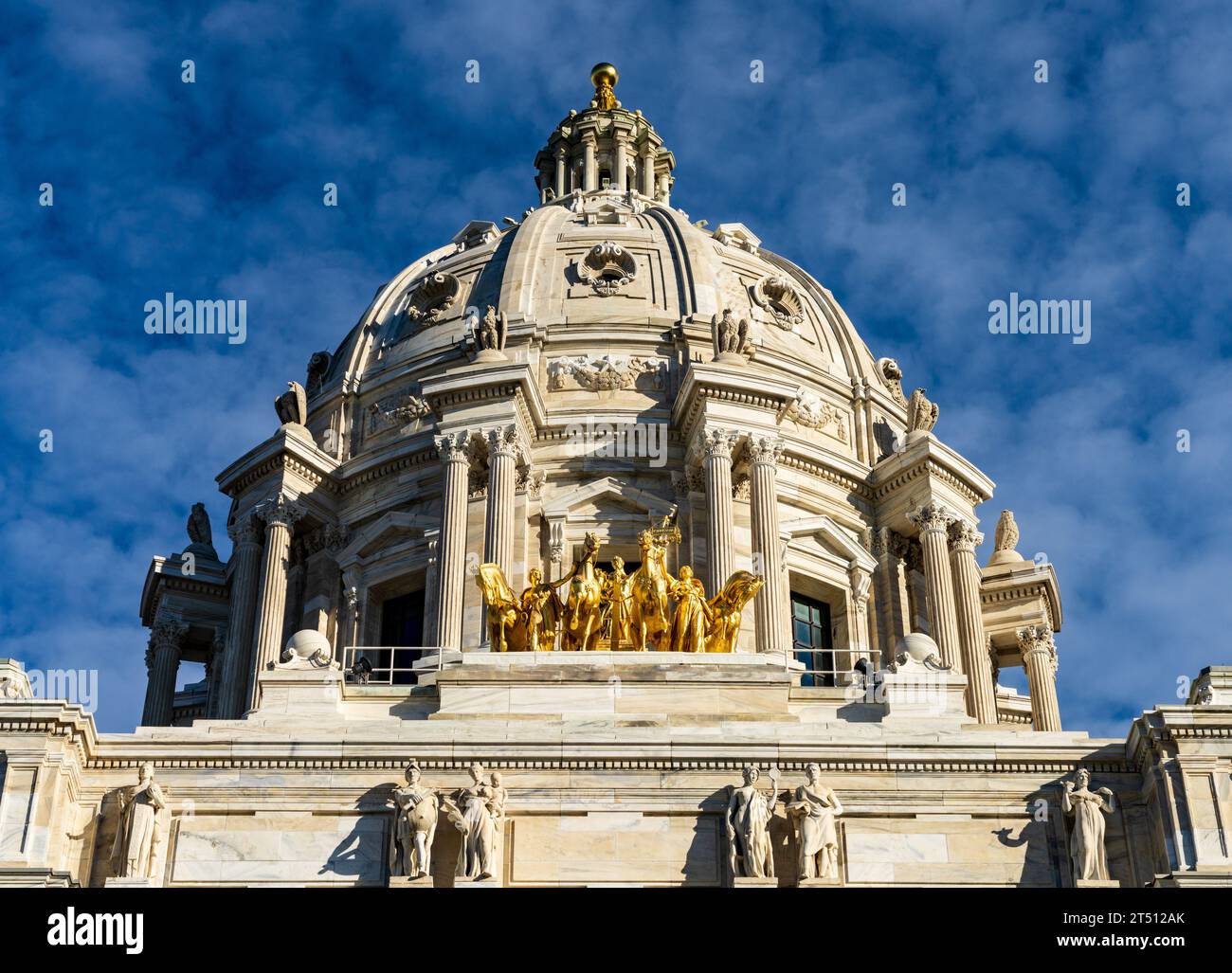 Front view of the dome and gold Quadriga statue of the Capitol building ...