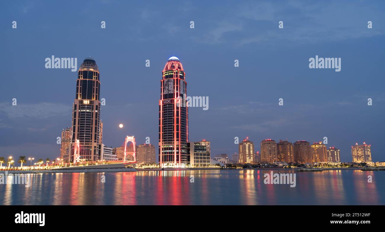 Pearl, Qatar- November 01, 2023: Gewan bridge in the entrance of pearl ...