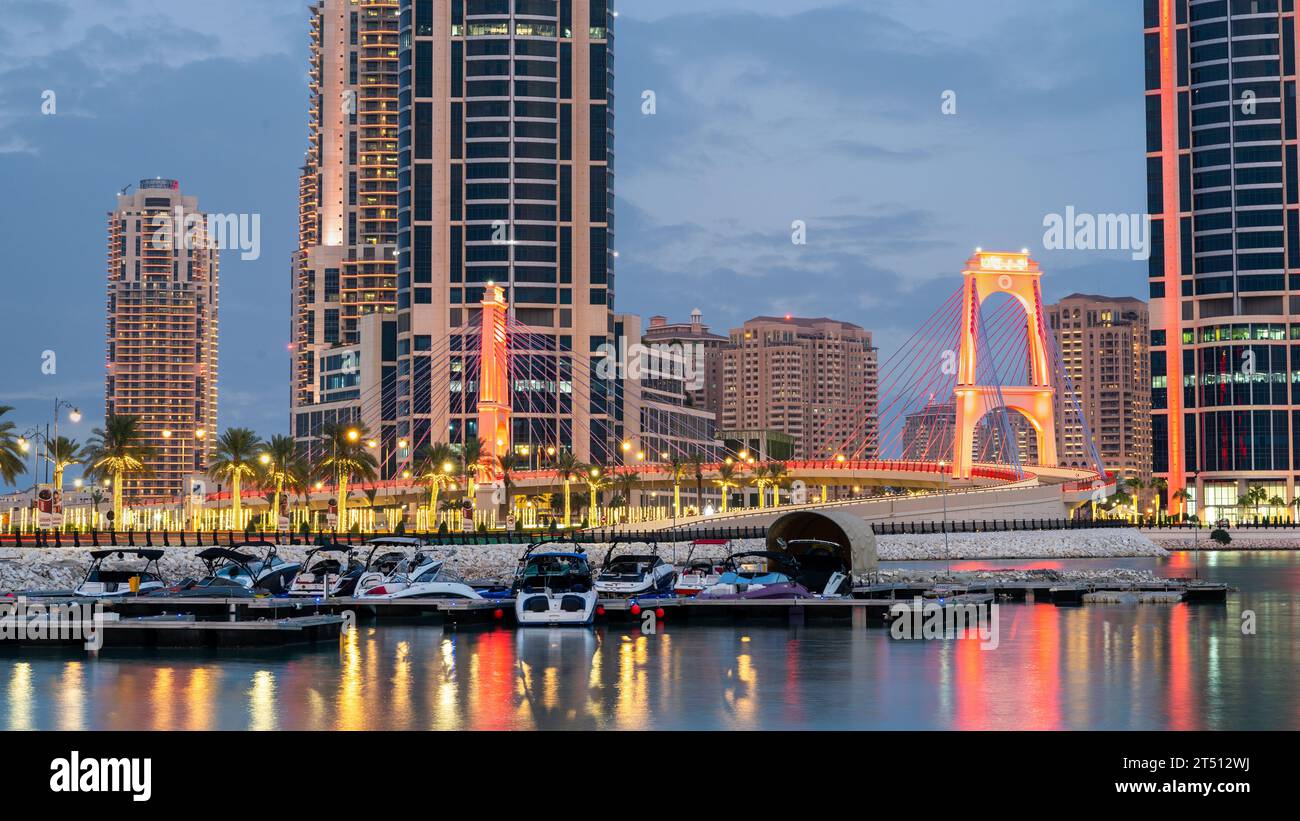 Pearl, Qatar- November 01, 2023: Gewan bridge in the entrance of pearl ...