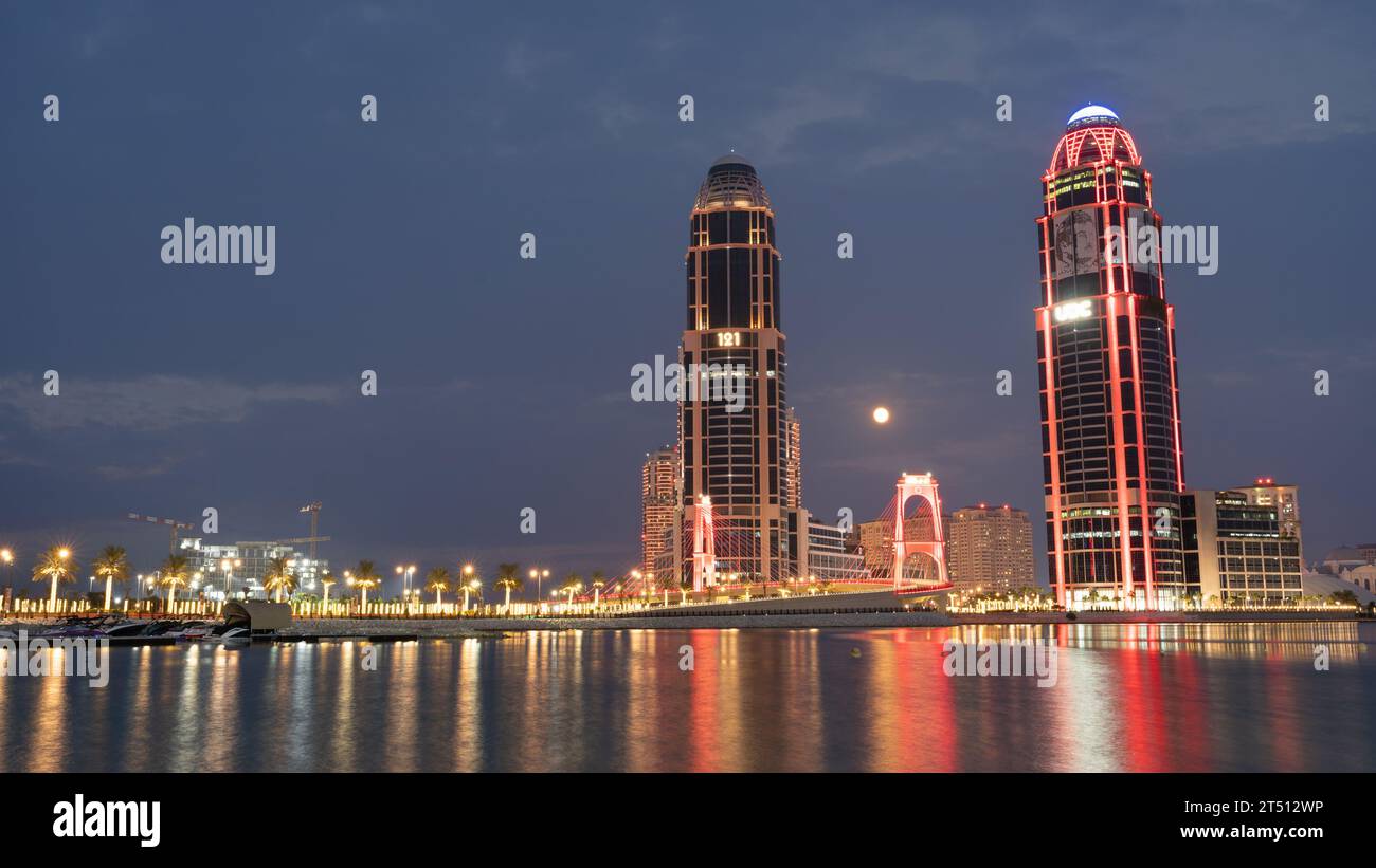 Pearl, Qatar- November 01, 2023: Gewan bridge in the entrance of pearl ...