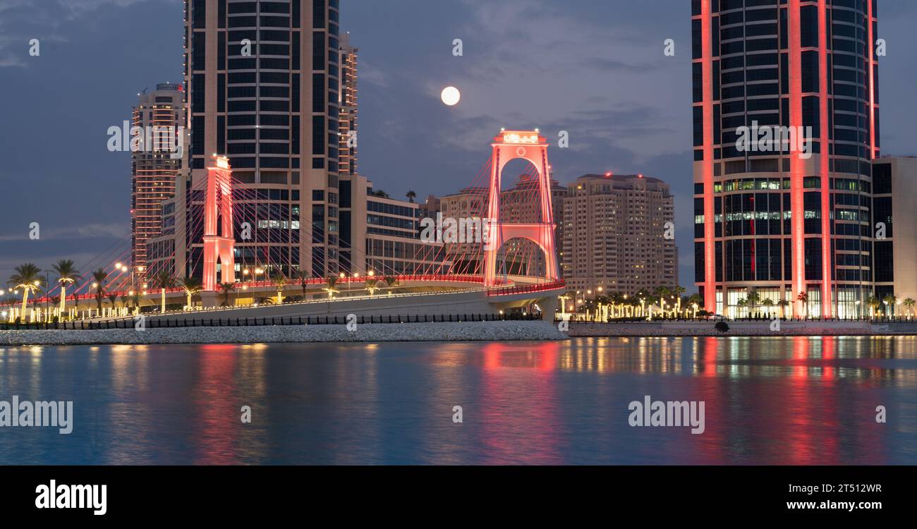 Pearl, Qatar- November 01, 2023: Gewan bridge in the entrance of pearl ...